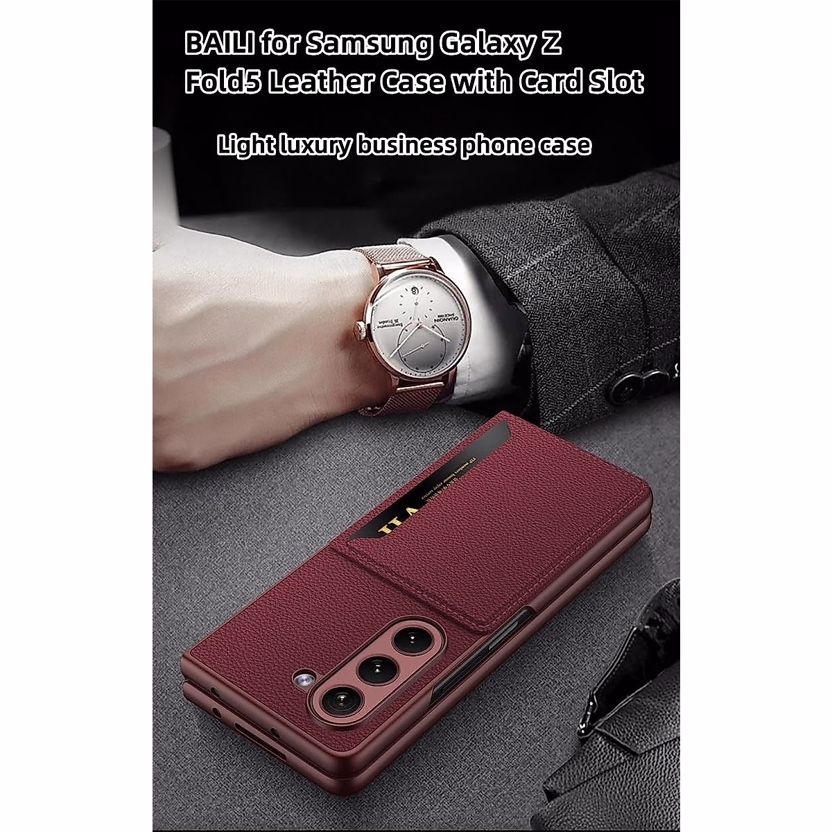 BAILI for Samsung Galaxy Z Fold5 Leather Wallet Case,Galaxy Z Fold 5 Case with Card Slots,Galaxy Z Fold 5 Case with Card Holder,Military Grade Drop Protective Cover for Fold5-Wine Red