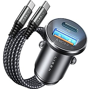 48W USB C Car Charger All Metal Fast USB Car Charger Adapter with 60W 3.3ft Nylon Braided Type C Cable LISEN Compact Cigarette Lighter USB Charger PD&QC3.0 Dual Port for Samsung S22/Pixel/Android/iPad