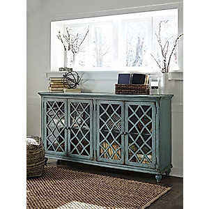 Signature Design by Ashley Mirimyn Vintage 69" 4-Door Accent Cabinet with Mirrored Glass and 2 Adjustable Shelves, Antique Blue