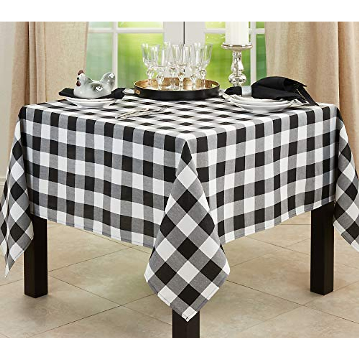 SARO LIFESTYLE Cotton Blend Buffalo Plaid Tablecloth, 70", Black