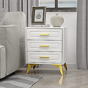 Giluta 3 Drawers Nightstand, Modern Bedside Table with Solid Metal Legs & Handles, White Gold Wood Chest of Drawers, Sofa End Side Table for Bedroom Living Room Hallway, 15.75" D x 19.7" W x 24" H