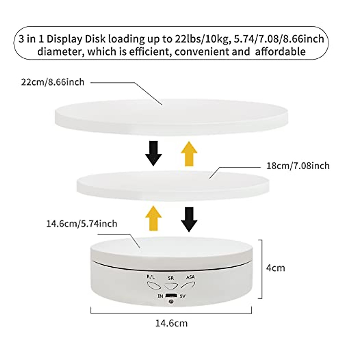 ZLMONDEE 3 in 1 Motorized Turntable Lazy Suan Rotating Display Stand with 5.74/7.08/8.66 inch Replacement Cover,360 Degree for Cake Photography Products and Video Show Load 22lbs (White)