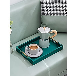 Kanwone Decorative Tray , 13.6"x9.8" Serving Tray, Rectangle Ottoman Tray with Gold Polished Metal Handles, Coffee Table Trays for Living Room Kitchen and Home Decor, Green