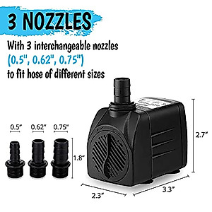 550GPH Submersible Water Pump (2000L/hr, 30W) - Ultra Quiet Pond Pump - Outdoor Fountain Pump with 7.2ft Vertical Lift - Aquarium Pump with 3 Nozzles, 6.56ft Power Cord - Compact Fish Tank Pump