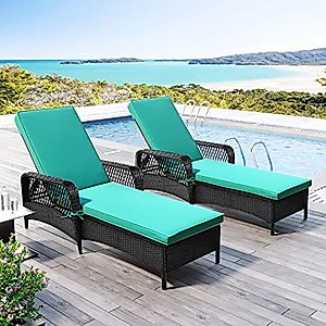 DHHU Foldable Chaise Sun Lounger Terrace, Outdoor Rattan Lounge Chair, Adjustable Back Recliner, (2 Set), Black Wicker/Green Cushion