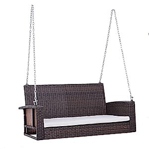 Outsunny 2 Person Wicker Hanging Swing Bench, Front Porch Swing Outdoor Chair with Cushions 550 lbs. Weight Capacity for Backyard, Garden, Cream White