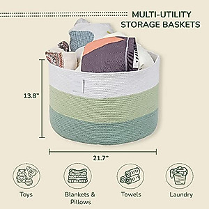 Eco Living Recycled Cotton Rope Storage Basket - 21.7 x 21.7 x 13.8 Inches Extra Large Basket for Cushions, Blanket, Pillows, Toys - Stylish and Eco-Friendly Living Room Rope Basket - Green & White