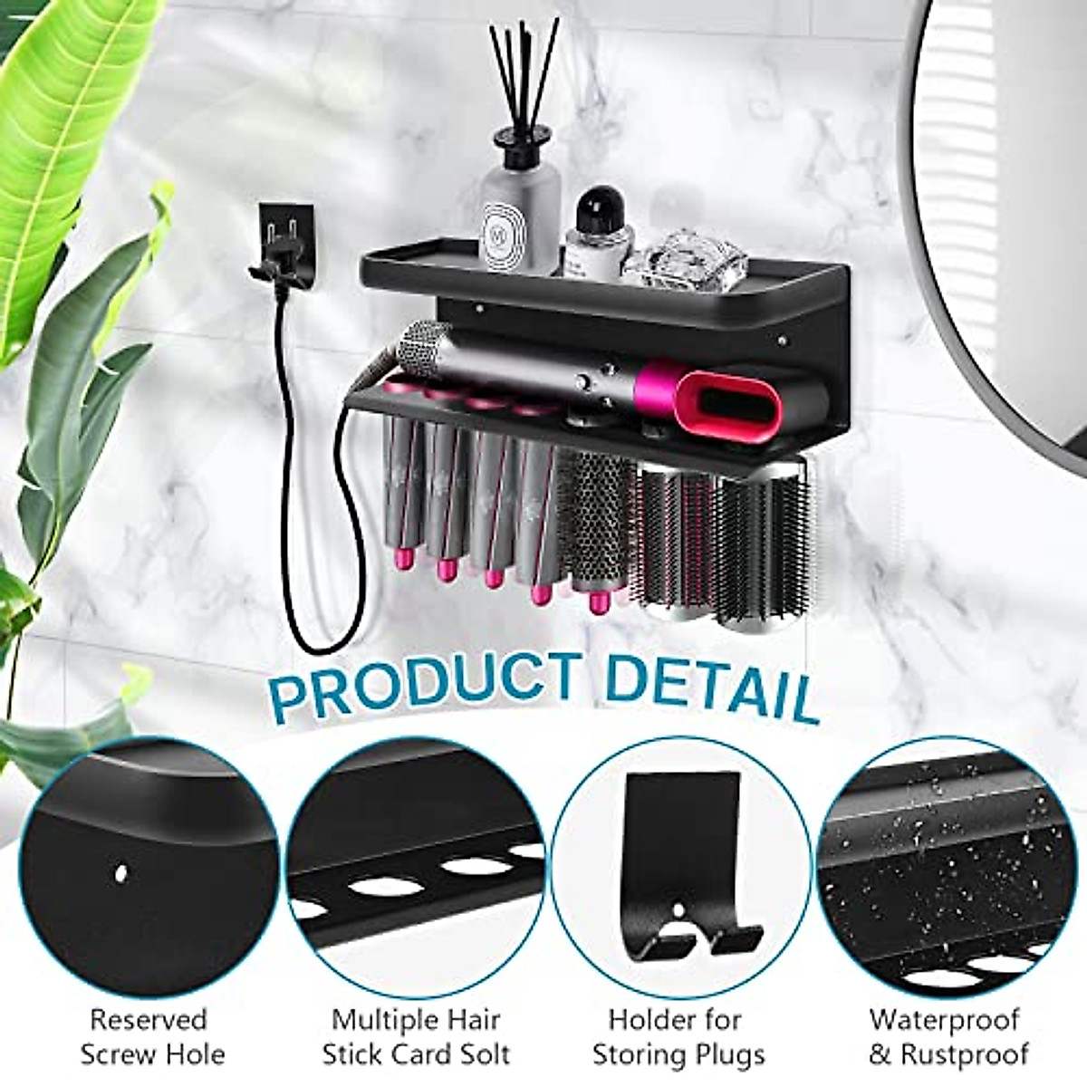 KKUYT Storage Holder for Dyson Airwrap Styler, Wall Mount Curling Iron Accessories Organizer Rack for Dyson Air Wrap Attachments, Hair Dryer Rack with Air Cushion Comb & Adhesive for Home Bathroom