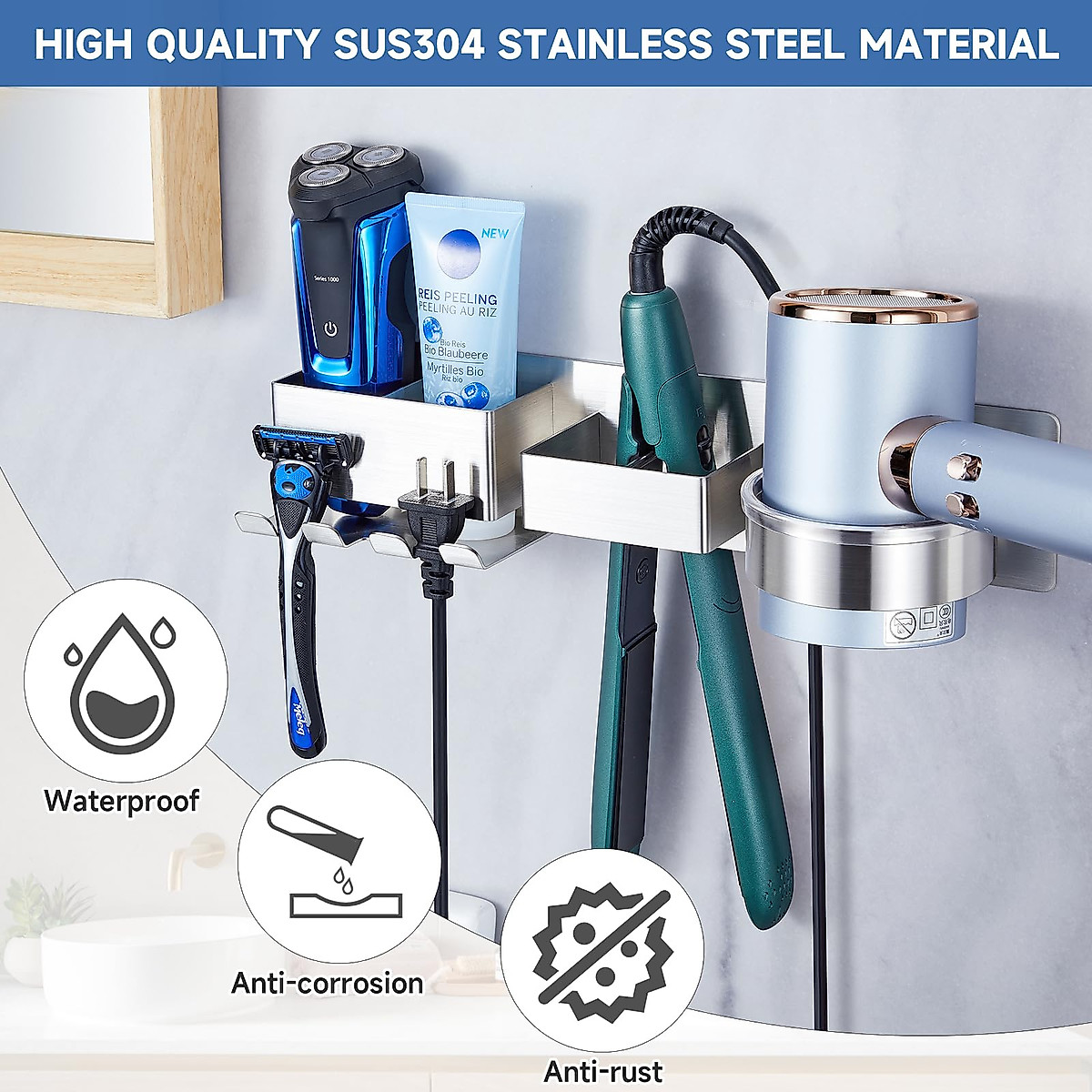 Hair Dryer Holder Wall Mounted, Hair Tool Organizer, Stainless Steel Blow Dryer Holder for Bathroom, Adhesive Hair Straightener Holder Curling Iron Holder with Plug Hook & Storage Compartment