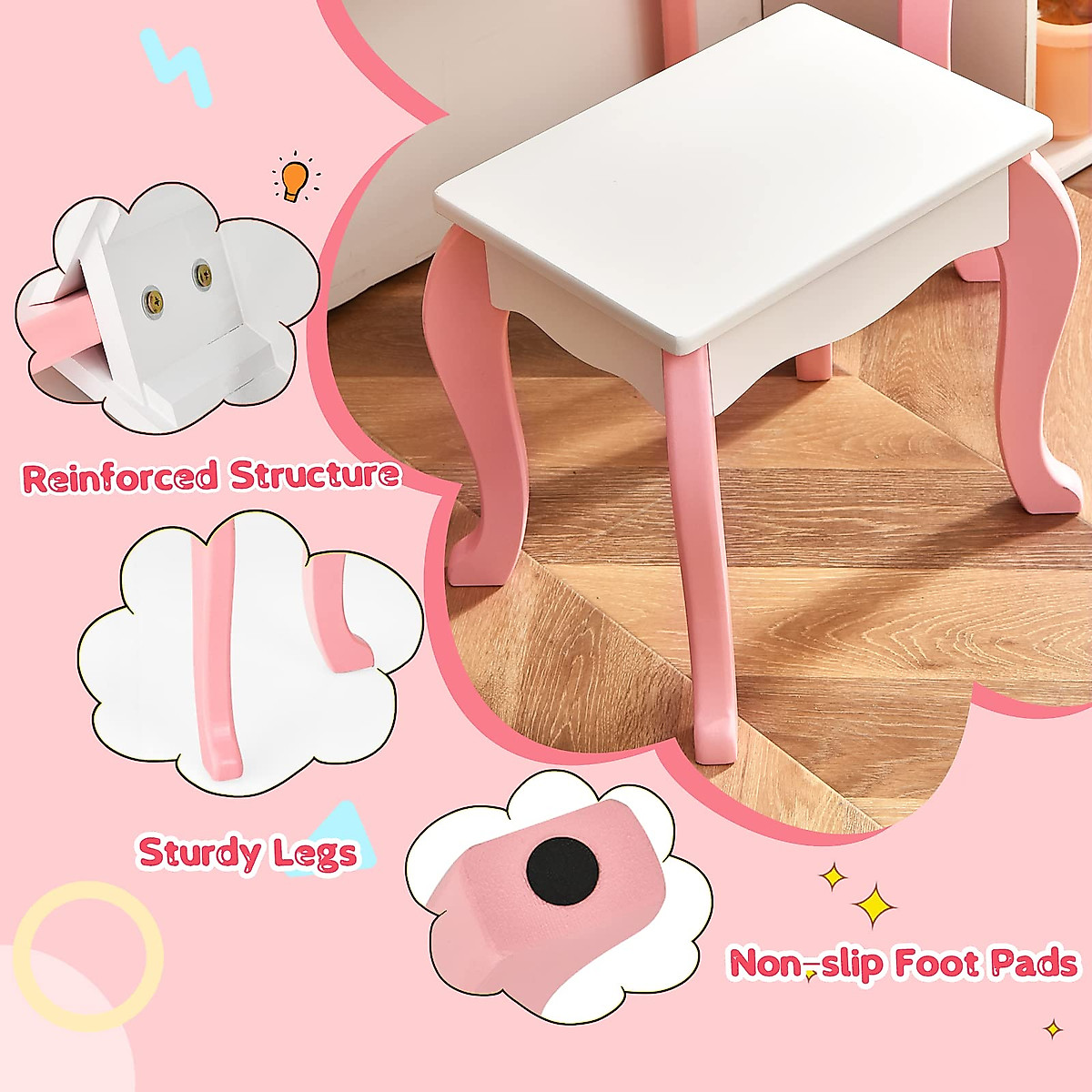 Costzon Kids Vanity Set with Mirror, 2 in 1 Princess Makeup Dressing Table w/Detachable Top, Toddler Vanity with 360° Rotating Mirror, Drawers & Stool, Pretend Play Vanity Set for Little Girls, White