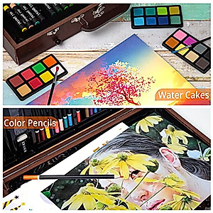 Art Supplies, Tanmit 141-Piece Deluxe Art Set Painting Drawing Kit with Artist Sketch Pad, Oil Pastels, Colored Pencils, Crayons, Watercolor Cakes, Wooden Art Box for Adults Beginners