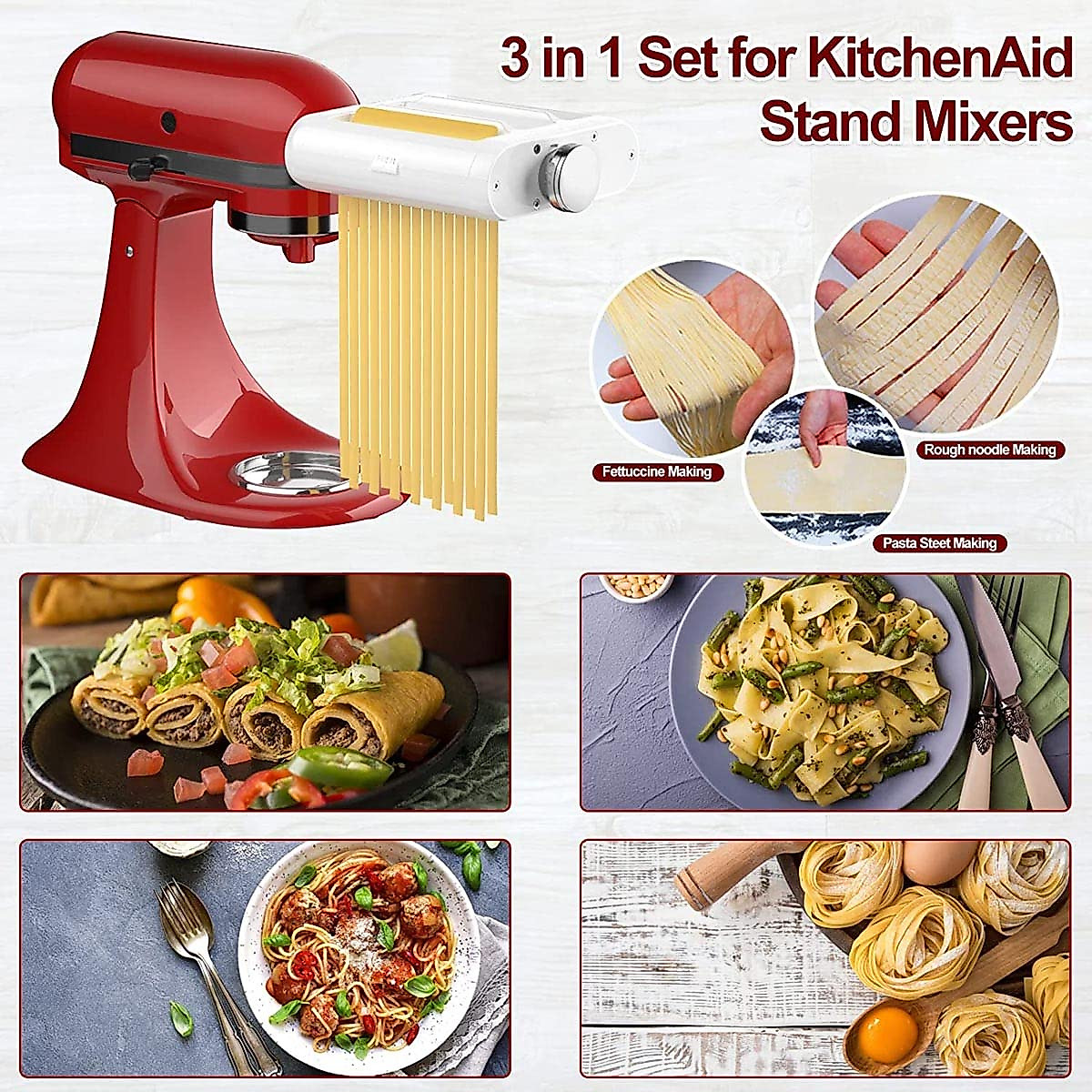 KitchenAid 3 in 1 Pasta Maker Set - Pasta Roller & Spaghetti/Fettuccine Cutter Attachments (White)
