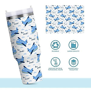 ARGTILDN 40 oz Tumbler Aircraft Airplane Blue Insulated Travel Mug with Handle and Straw Lid Stainless Steel Vacuum Coffee Cup Tea Beverage Container Water Bottles for Car Sports office