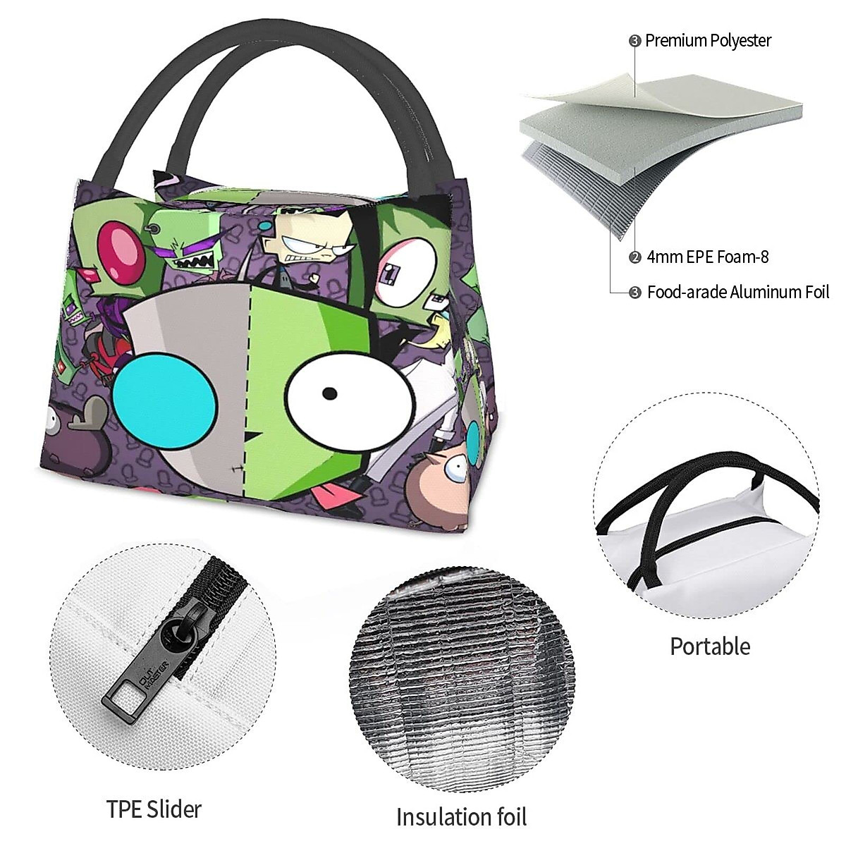 CONPELSON Lunch Bags Invader Anime Zim Insulated Lunch Tote Reusable Portable Lunch Box for Outdoor Office Picnic 11 X 6.5 X 7 in