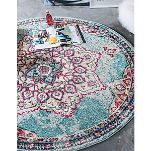Unique Loom Medici Collection Floral Medallion Traditional Vintage Light Blue Round Rug (8' 0 x 8' 0)