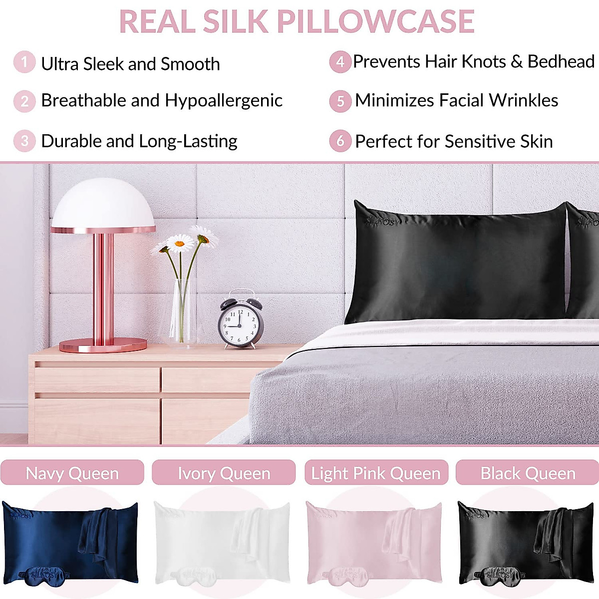 Mulberry Silk Pillowcase for Hair and Skin with Hidden Zipper, 22 Momme 100% Real Silk Pillow Case with Sleep Mask, Premium Grade 6A Silk Promotes Soft Skin, 900 Thread Count (Black, Queen)