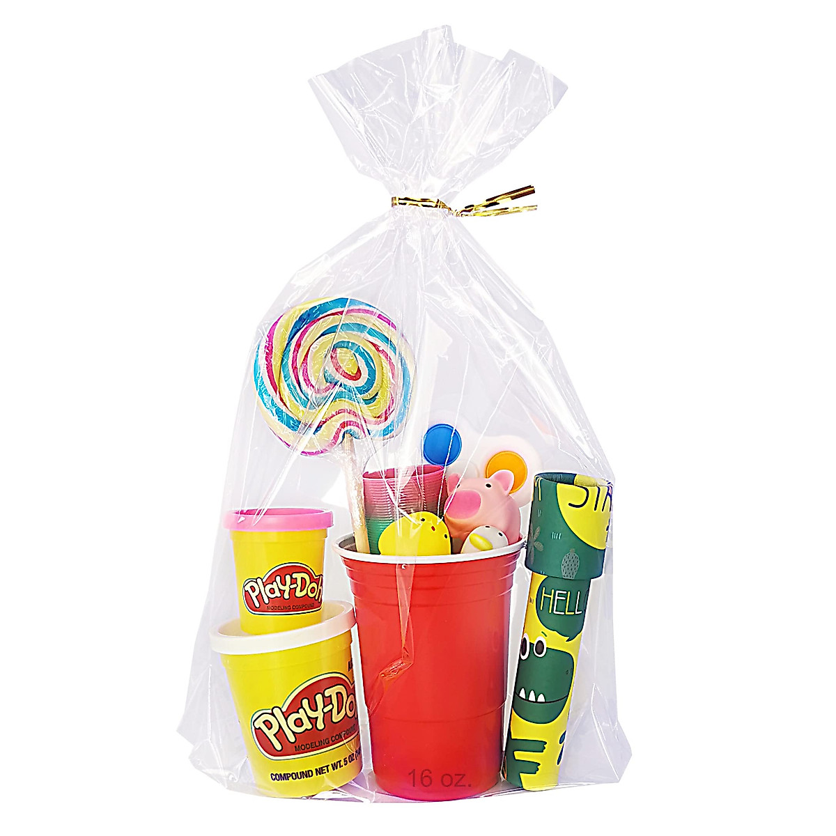 Wowfit 50 CT 10x14 inches Clear Bottom Gusset Cellophane Treat Bags with 6" Gold Twist Ties, Cello Packaging for Gift Wrapping, Decorations, and Food Storage