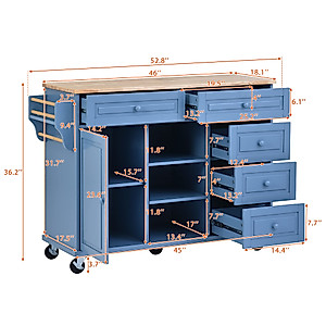 P PURLOVE Kitchen Island Cart with Solid Wood Desktop and Storage Cabinet, Rolling Mobile Kitchen Island Cart with Adjustable Shelves, Spice Rack, Towel Rack, 5 Drawers and Lockable Casters, Blue