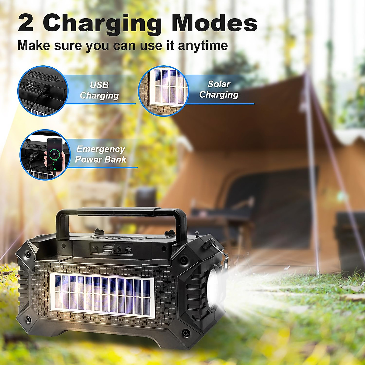 Solar Bluetooth Speaker with Flashlight, Portable Rechargeable Outdoor Speaker with Phone Holder Shoulder Strap for Party Hiking Picnic Family