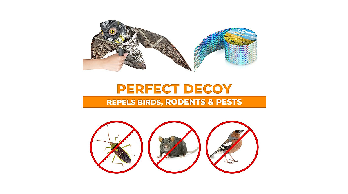 Elemu Owl Scarecrow Natural Moving Wings Plus Reflective Scare Tape ...