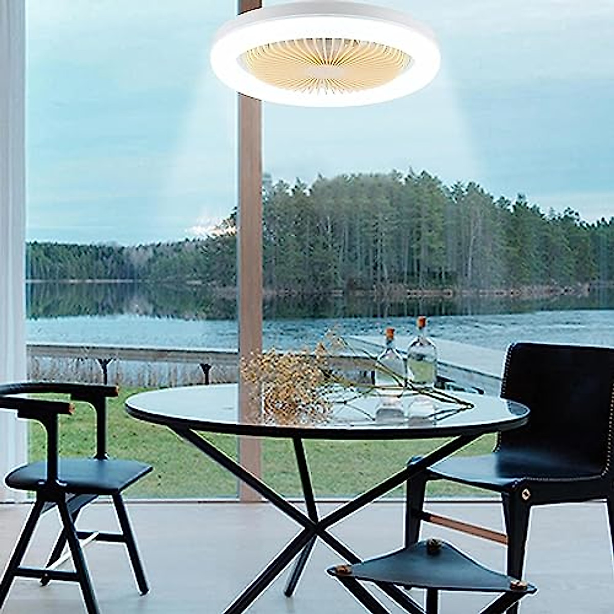 shyliey Low Profile Ceiling Fan Light with Remote Control 2-in-1 Multifunctional Round Modern Dimmable Electric E27 Ceiling Fan Kit with Lights for Home Bedrooms Kitchen Office (Yellow)