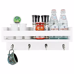 Satauko Coat Hooks Wall Mounted with Shelf, Entryway Hanging Shelf with 4 Metal Hooks, Wooden Floating Shelves for Kitchen Spice Rack Storage, White Wall Shelves Organizer for Bathroom, Bedroom.