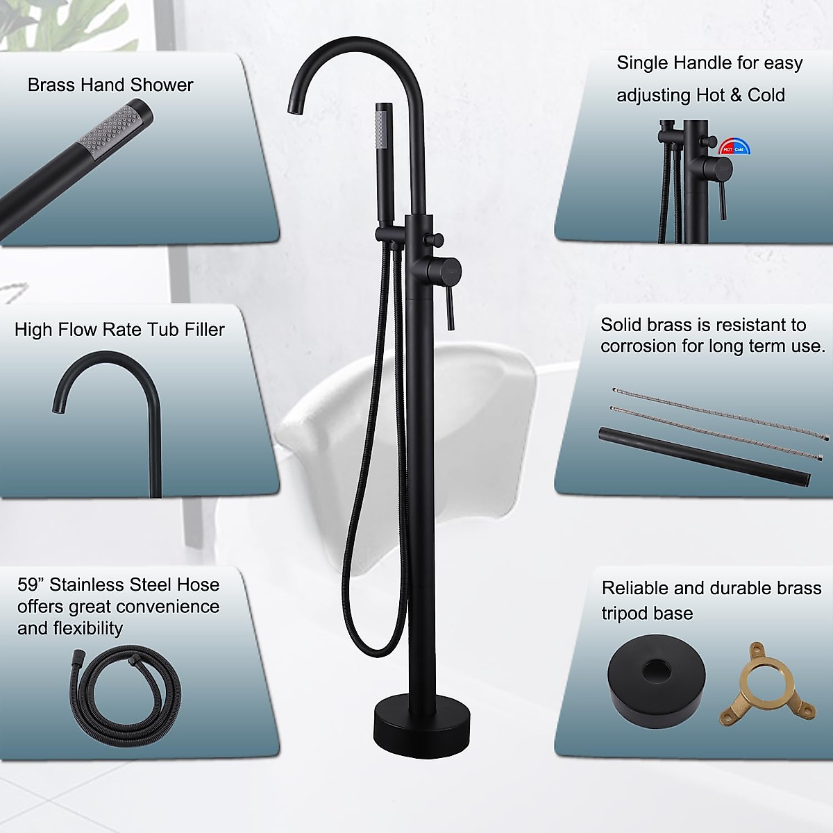 Free Standing Tub Faucet Matte Black Freestanding Bathtub Faucet with Sprayer High Flow Floor Mount Tub Filler with Hand Shower Bathroom Standing Floor Faucet Brass, Single Handle - JIAENLEMA