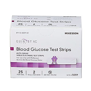 McKesson QUINTET AC Blood Glucose Test Strips - Auto Coding, Noble Electrode Strips, for Self-Testing and Point-of-Care Testing of Whole Blood Glucose, 100 Strips, 2 Packs, 100 Total