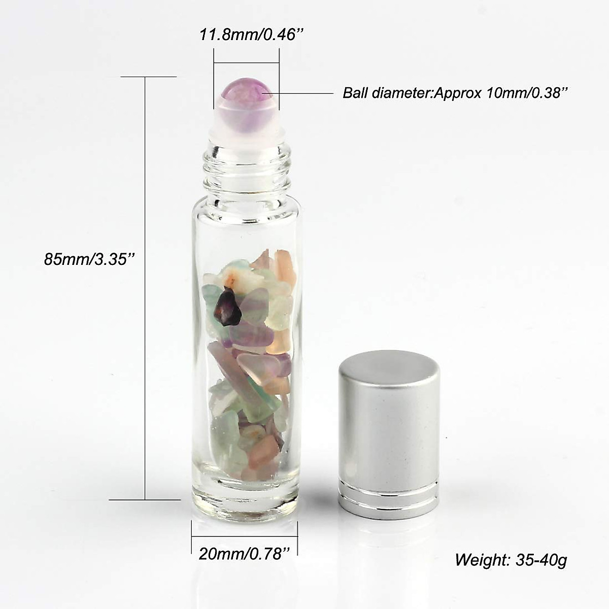 Natural Gemstones 10ML Essential Oil Roller Bottles Clear Glass Roll-on Bottles Gemstone Perfume Sample Vials with Crystal Stone Roller Balls & Healing Crystal Chips Inside 10PACK
