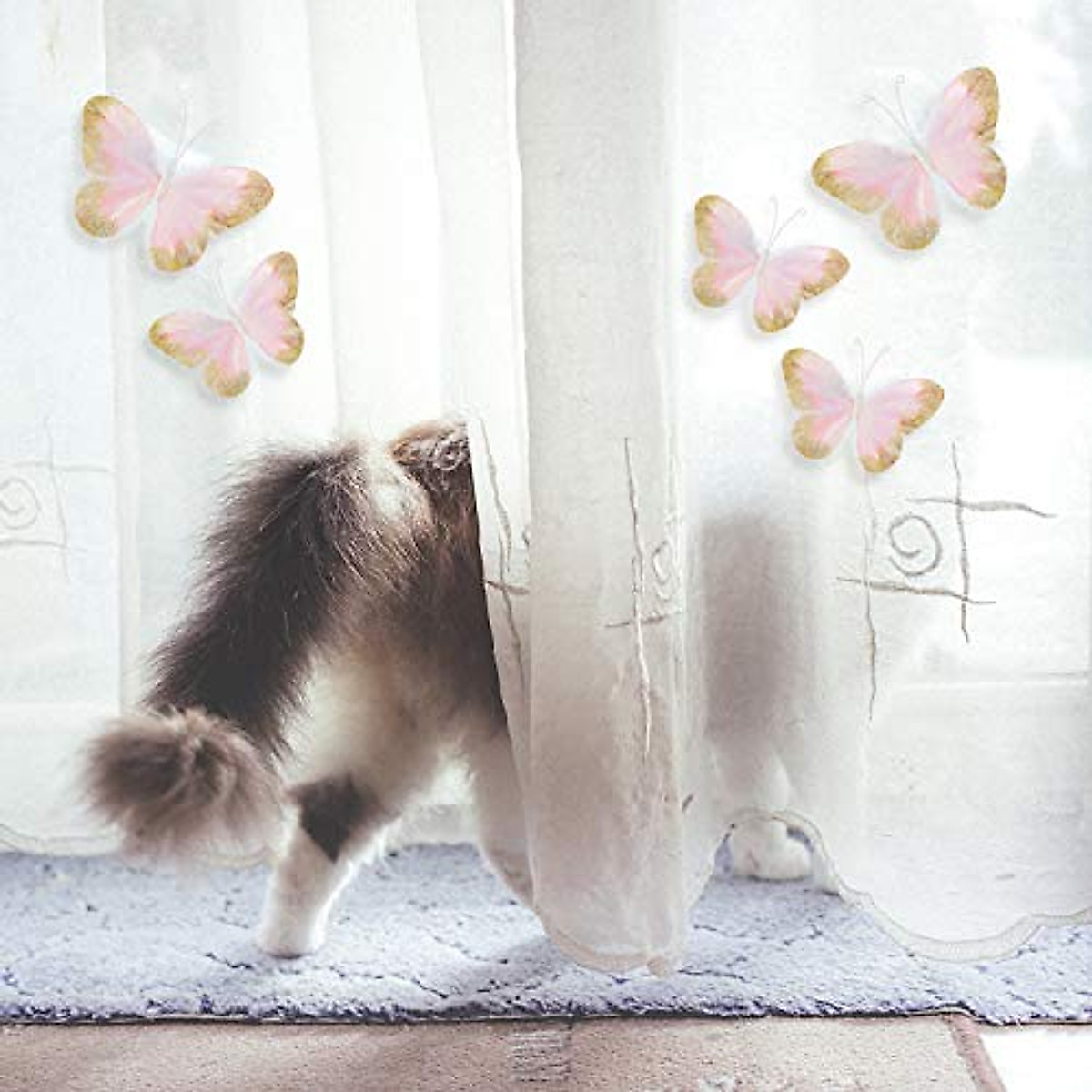 16 Pieces Feather 3D Butterfly Wall Decals Gold Glitter Butterfly Decor Stickers for Room Home Nursery Classroom Offices Kids Girl Boy Bedroom Bathroom Living Room Decor (Light Pink)