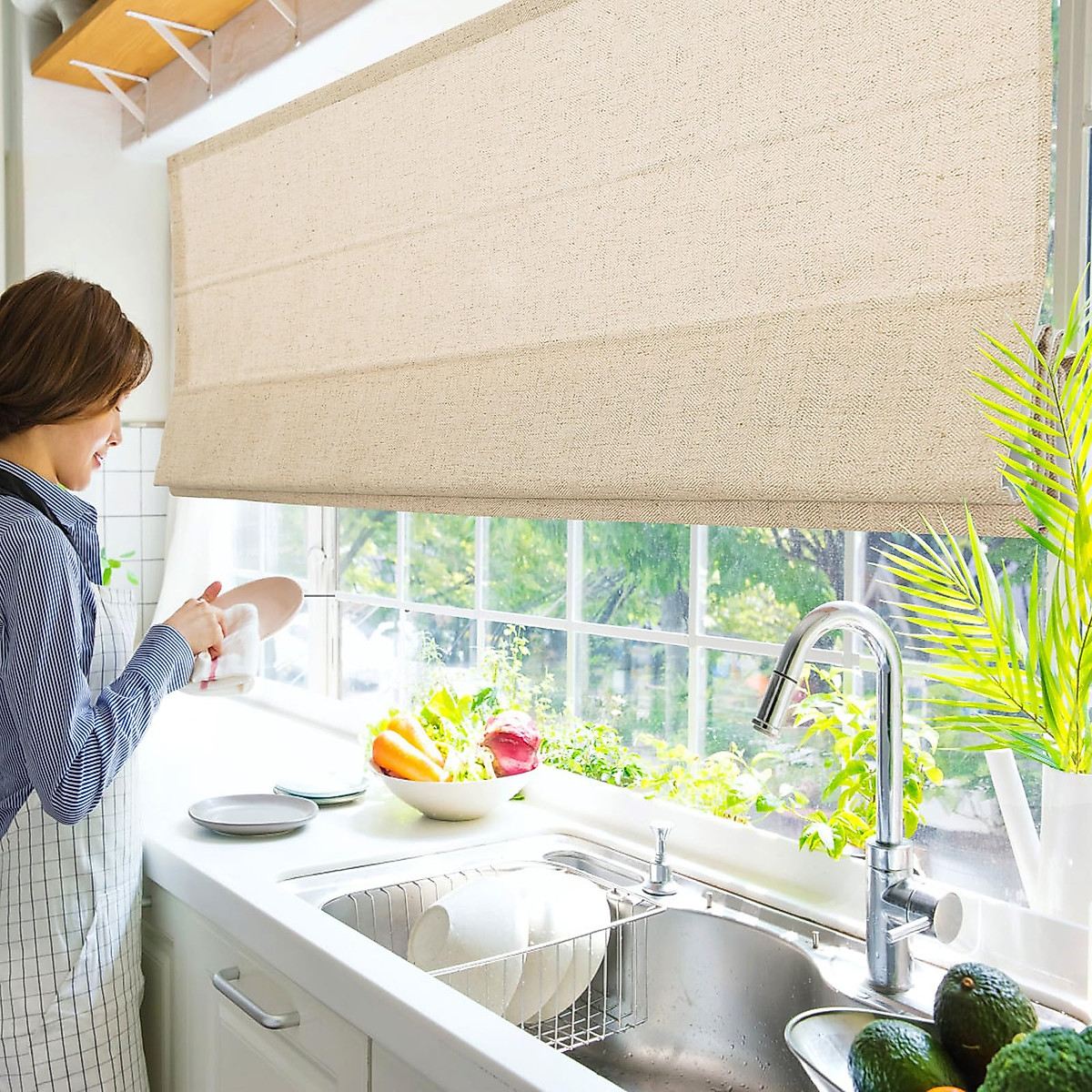 Cordless Roman Shades Window Blinds Thermal Room Darkening Fabric Roman Shades for Living Room, Beige