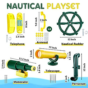 Playground Accessories Swing Set Pirate Plastic Playground Equipment Set with Plastic Wheel, Telescope, Periscope, Telephone, Safety Handle Bars for Outdoor Playhouse Treehouse (Yellow, Green)