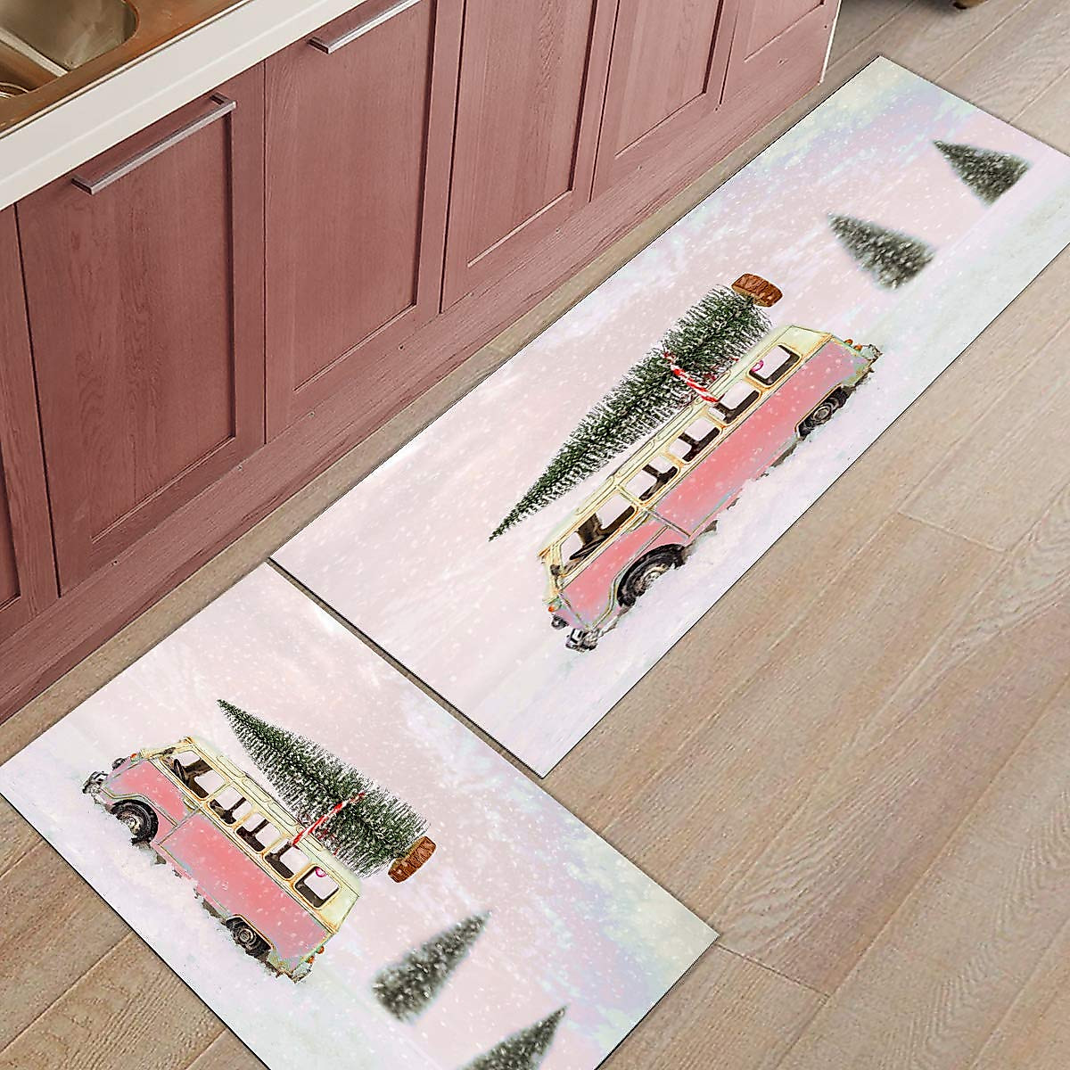 LooPoP Pink Christmas Kitchen Mats for Floor Cushioned Anti Fatigue 2 Piece Set Kitchen Runner Rugs Non Skid Washable Snow Bus Pine Tree