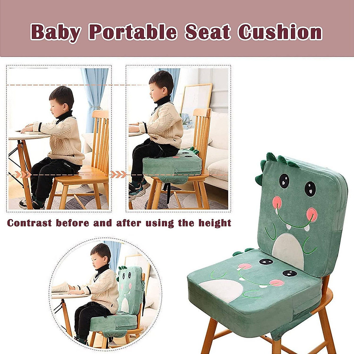 Toddler Booster Seat for Dining Double Straps Washable Portable Thick Chair Increasing Cushion for Baby Kids (Green)