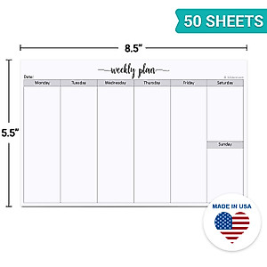 321Done Weekly Planning Notepad Landscape - 50 Sheets (8.5" x 5.5") - Horizontal Weekly Days of Week Paper Note Pad, Planner Organizing - Made in USA - Simple Script
