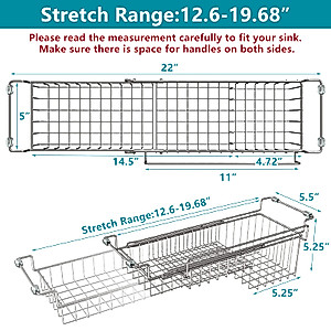 FavoThings Over The Kitchen Sink Caddy Sponge Holder Organizer Drying Rack Expandable for Sponge Brush Soap Dish Cloth Rag 14.5" to 22", Stainless Steel