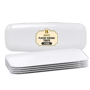 R-kay 4 Pack Plastic Serving Trays for Party - White Serving Tray 17 by 6.5 in - Heavy Duty Dessert Trays for Food - Rectangular Party Serving Trays - Premium Party Trays - White Platters