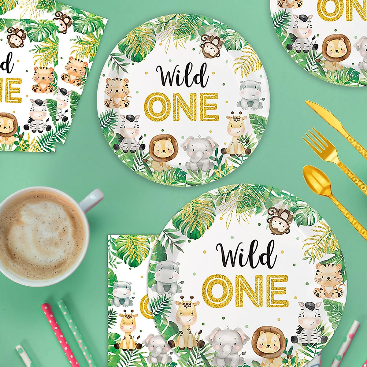 Jungle Safari Baby Shower Decorations Tableware Set Serves 24, Animals Paper Plates, Napkins, Cups, Cutlery for Baby Boy Wild One Birthday Baby Shower Party Supplies