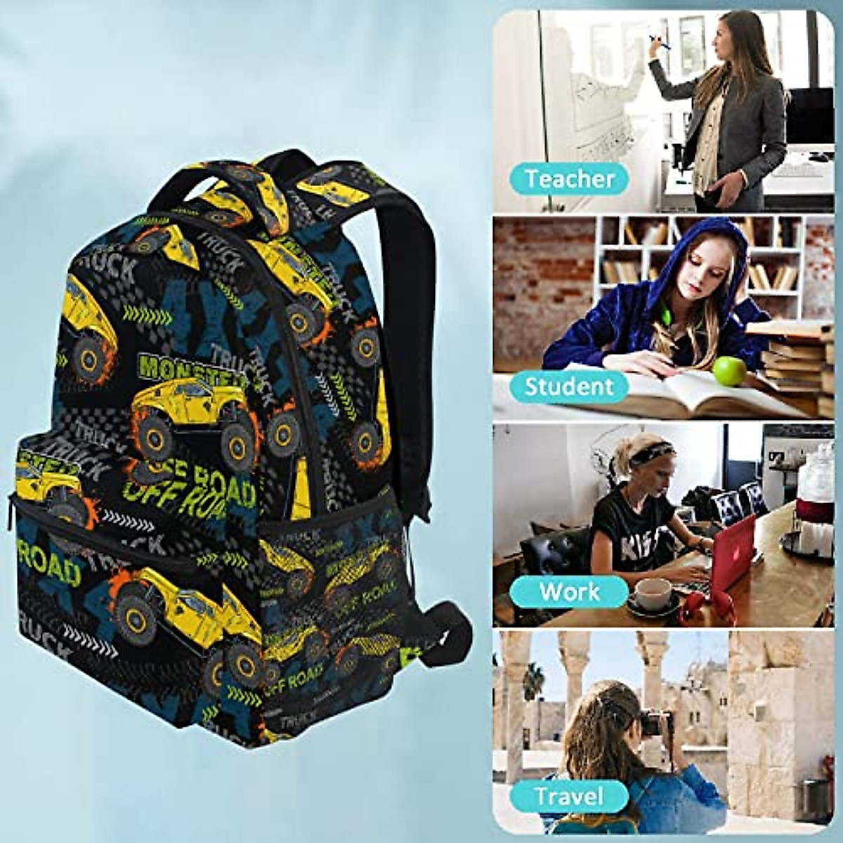 QUGRL Off Road Trucks School Backpack for Girls Boys Childish Monster Cars Large Bookbag Laptop Computer Bag Casual Hiking Travel Daypack Backpack Schoolbag for Teens College 16 Inch