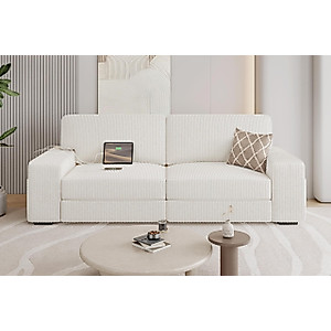 Yaheetech 83.5" W Modern Sofa Couch 2 Seater Corduroy Fabric Sofa with USB Charging Ports & Side Storage Pockets for Living Room Apartment, Ivory