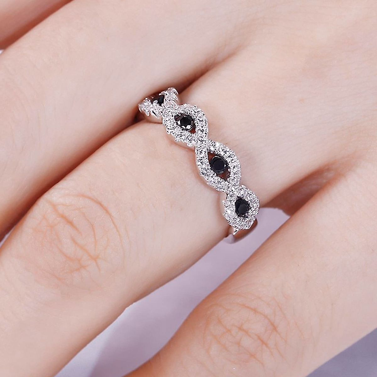 Jeulia Engraved Half Eternity Wedding Band Sterling Silver Sapphire Blue Stackable Engagement Rings White Diamond Cubic Zirconia CZ Anniversary Promise Rings with Jewelry Box (Black, 6.5)