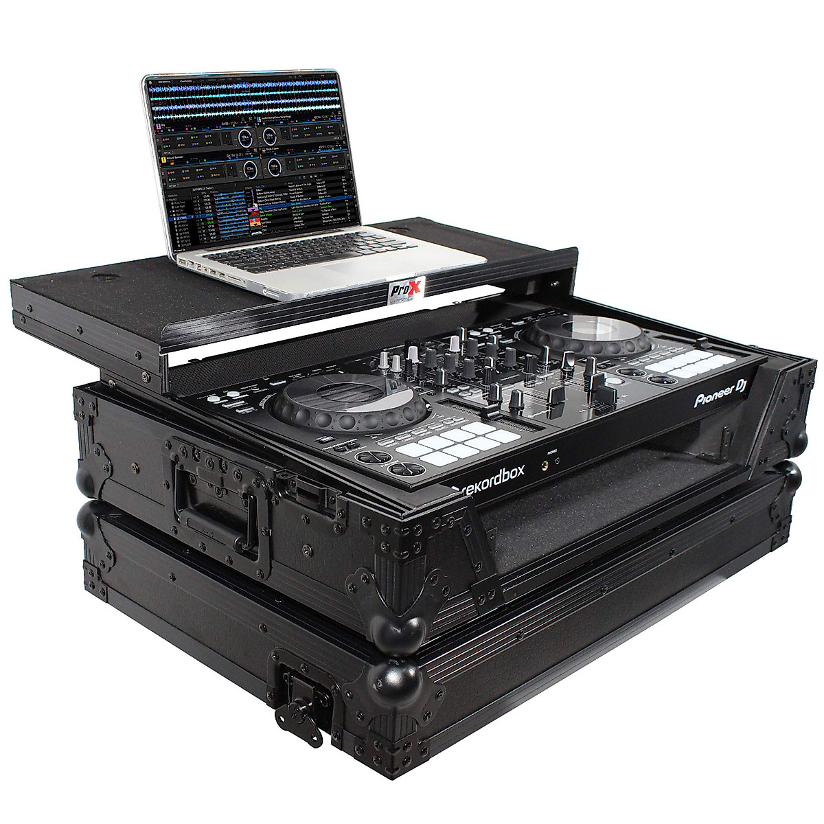 ProX XS-DDJ800 WLTBL Flight Case For Pioneer DDJ-800 Digital Controller W-Sliding Laptop Shelf and Wheels & 1U Rackspace-Black on Black