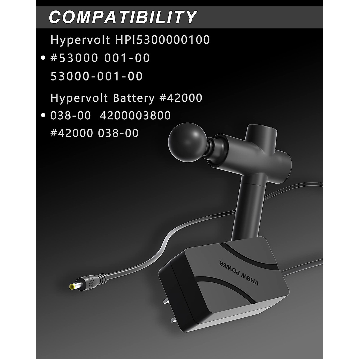 VHBW 24V Charger Replacement for Hypervolt Massage Gun, Replacement for Hypervolt Charger Compatible with Hypervolt Hyperice HPI5300000100 53000 001-00 42000 038-00 Battery Charging Cord 【UL Listed】
