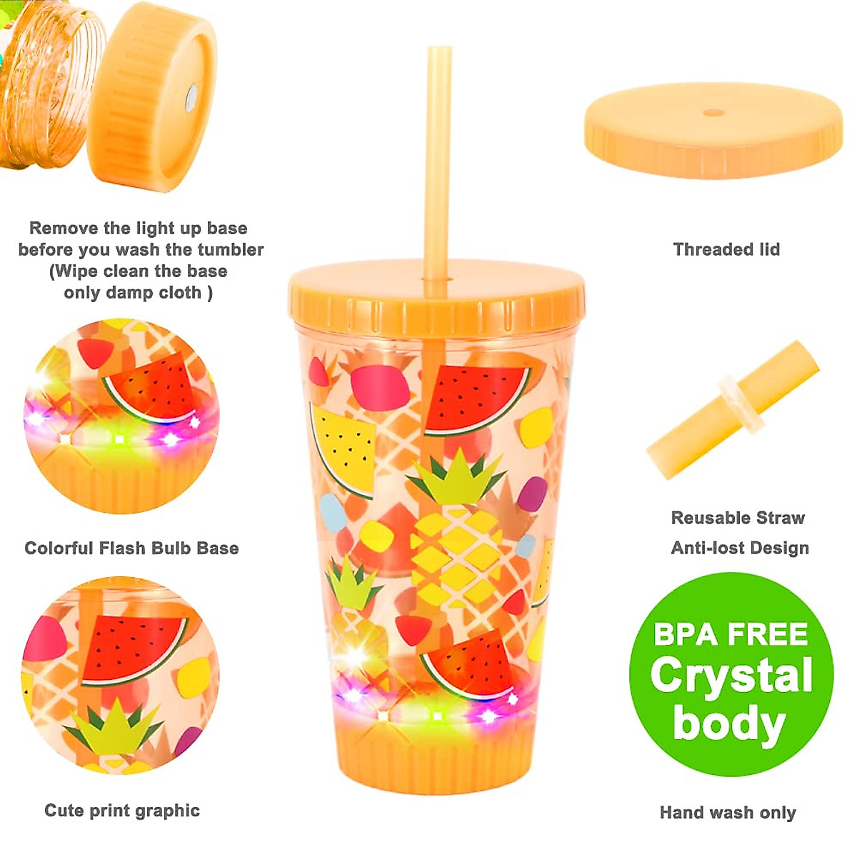 GILANO 16oz Kids Tumbler Water Drinking Bottle with LED Light Up - BPA Free, Straw Lid Cup, Reusable, Lightweight, Spill-Proof Water Bottle with Cute Design for Girls & Boys (Mermaid)