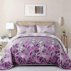 Purple Floral Quilt Set King Size, 3 Pieces Botancal Leaves Bedspread Coverlet Set with 2 Pillowcases for All Season, Soft Microfiber Floral Bedding Set 104"×90"