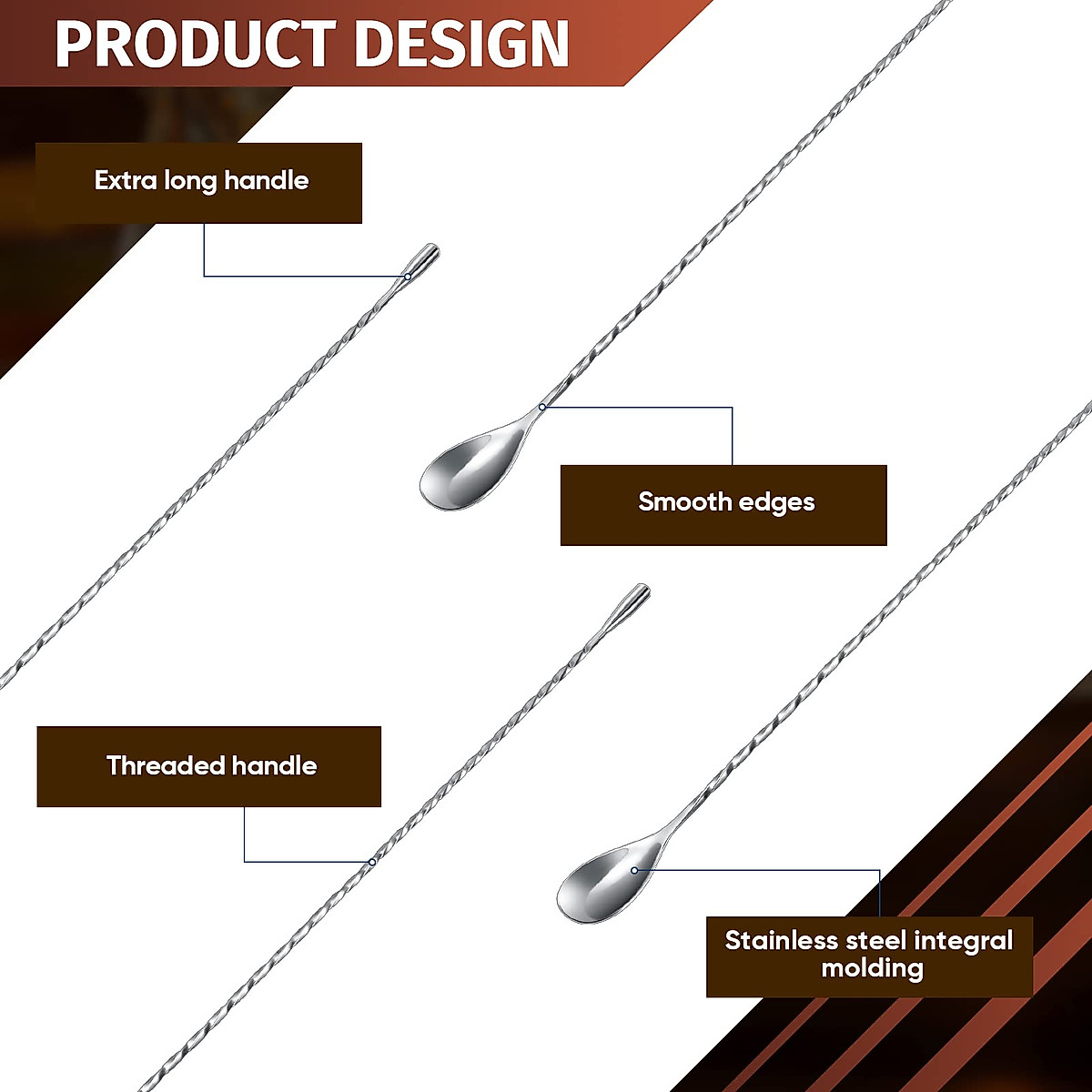 Roshtia 4 Pcs 15.7 Inches Bar Spoon Stainless Steel Cocktail Stirrer Mixing Spoon Spiral Pattern Bar Spoon for Cocktail Shaker Tall Cups