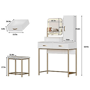 Fameill Vanity Desk with Mirror and Lights, White Makeup Table and Chair Set with 2 Storage Drawers&Cabinet&Shelves, Small Vanity Desk for Bedroom, 3 Lighting Mode