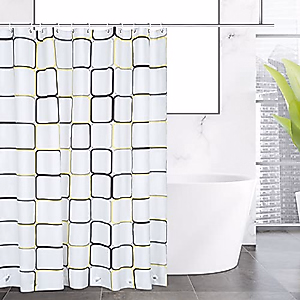 OTraki 72 x 78 inch Long Shower Curtain, PEVA Shower Curtain Liner with 12 Plastic Hooks Waterproof Shower Curtain for Bathroom with 6 Magnetic Weights(White Yellow Check)