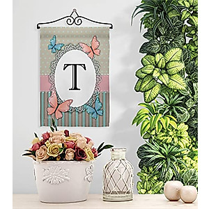 Breeze Decor T Initial Garden Flag Set Wall Hanger Monogram Friends Bugs & Frogs Butterfly Ladybugs Dragonfly Bee Springtime Insect Natural Wildlife House Yard Gift Double-Sided, Made in USA