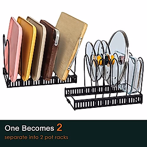 Mlesi Expandable Pot and Pan Organizer Rack, 12+ Pot Lid Organizer Holder, Bakeware Adjustable Rack, Kitchen Cabinet Organizer for Bakeware Cutting Boards, Black